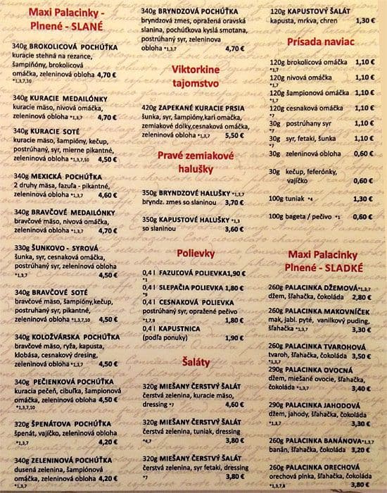 Menu at Palacinkáreň Viktoria Cafe, Bratislava