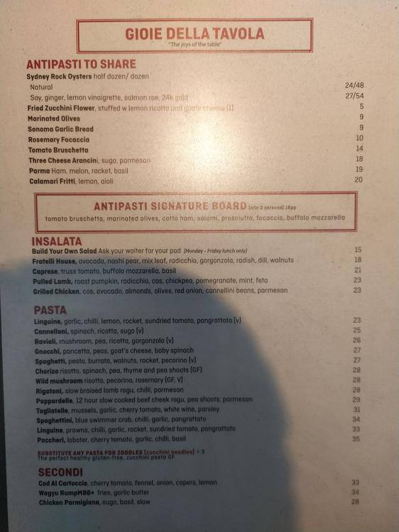 Menu at Fratelli Fresh restaurant, Sydney, 211 Bent Street