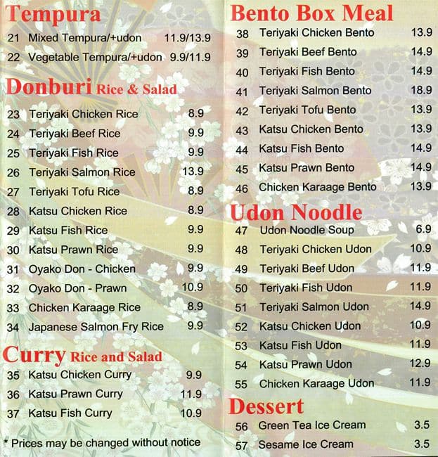 Menu at YI SUSHI restaurant, Munster