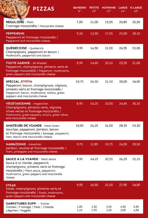 Menu at Athena Pizzeria, Montreal