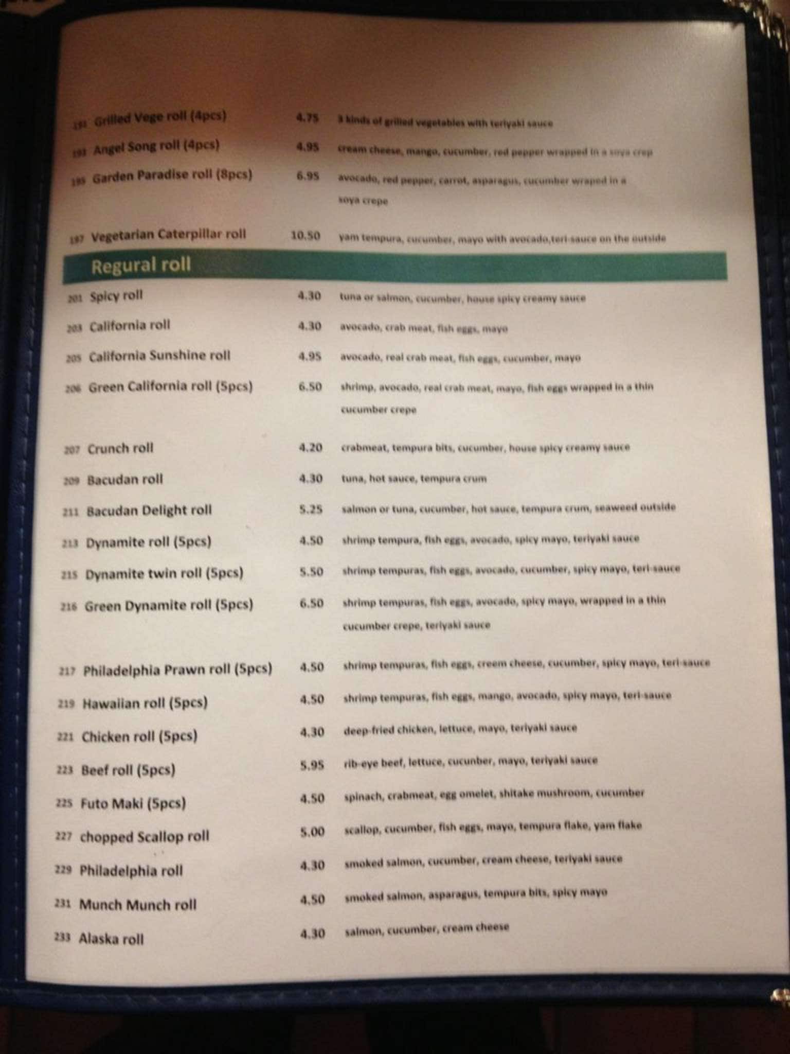 Menu at Sushi Delight restaurant, Winnipeg