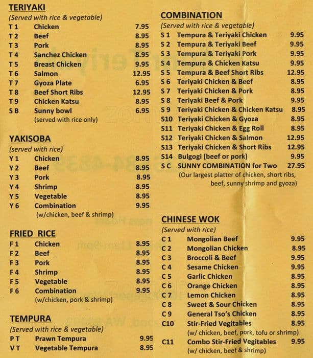 Menu at Sunny Teriyaki restaurant, Lakewood, Bridgeport Way SW
