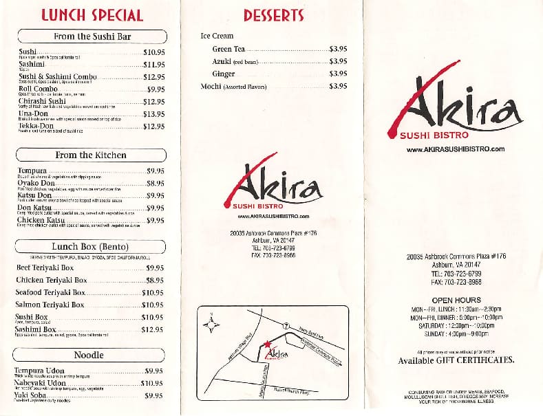 Menu at Akira Sushi Bistro restaurant, Ashburn