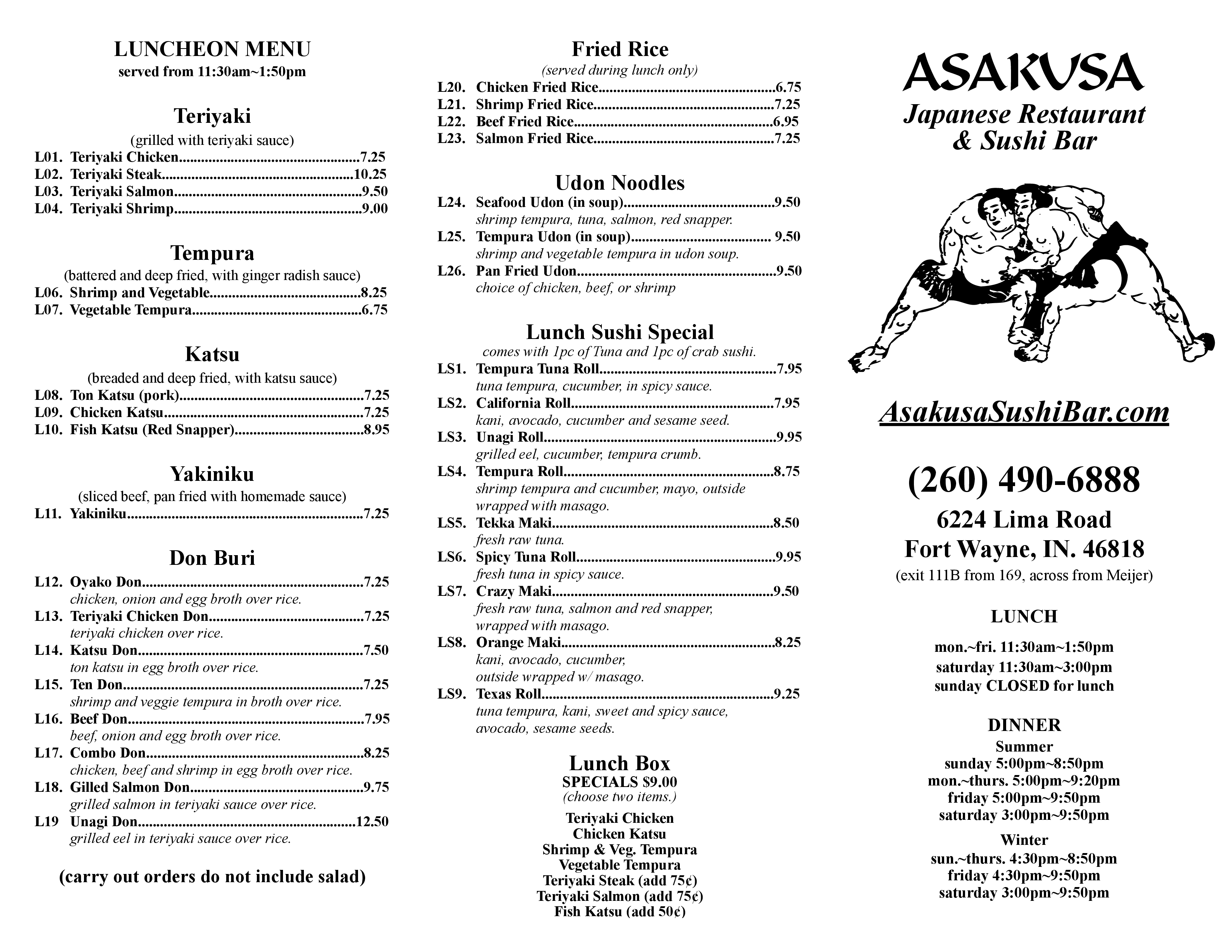 Menu at Asakusa restaurant, Fort Wayne, Lima Rd