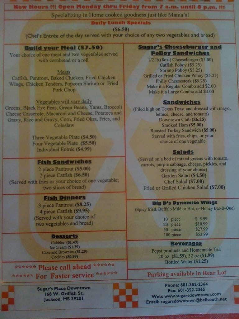 Menu at Sugar's Place restaurant, Jackson