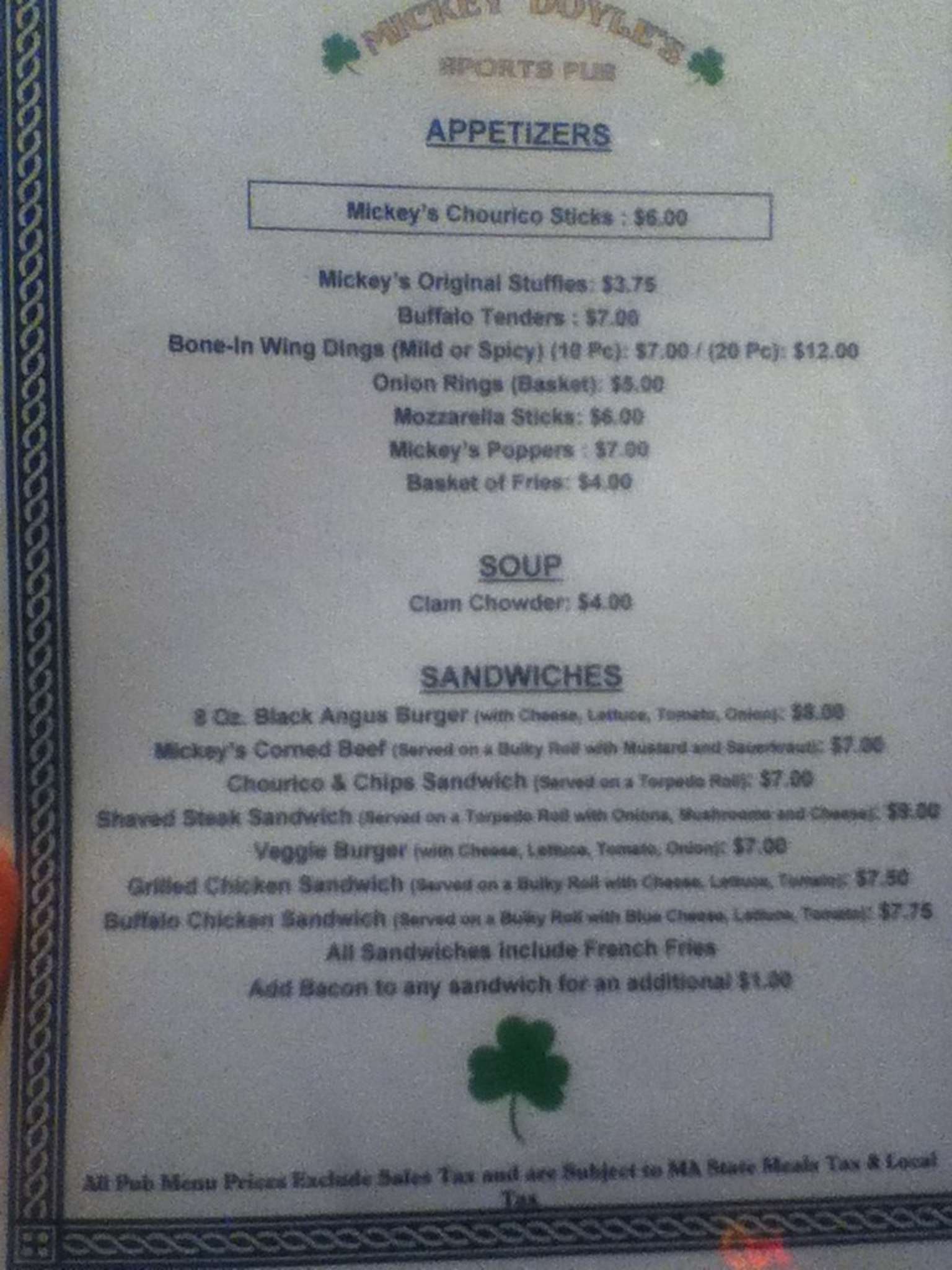 Menu at Mickey Doyle's pub & bar, Fall River