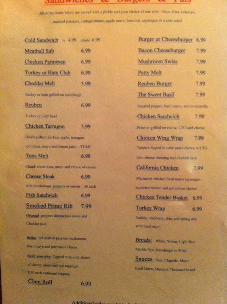 Menu at The Sweet Basil restaurant, Tully