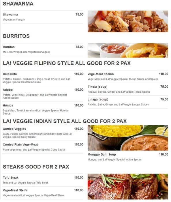 Menu at La Veggie restaurant, Cebu City