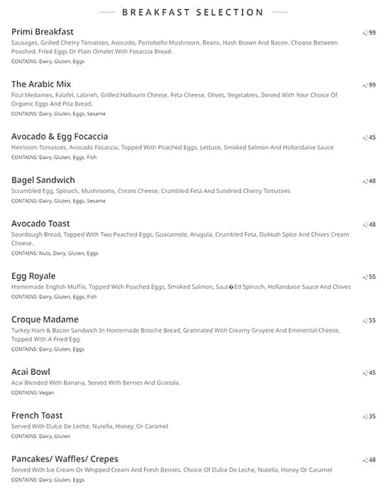 Menu of Primi By Panini, Umm Hurair, Dubai