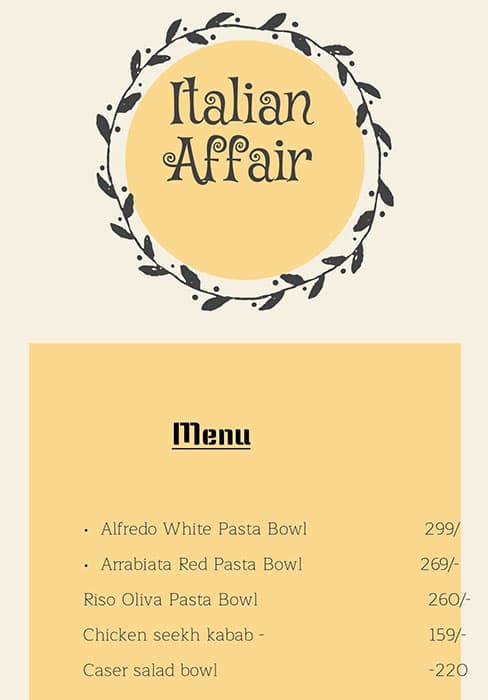 Menu at Italian Affair, Hyderabad