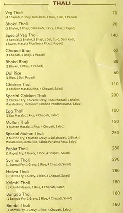 Menu of Hotel Sai Siddhi, Sanpada, Navi Mumbai