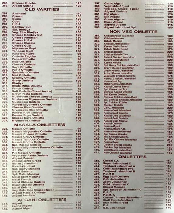 Menu of Rahul Eggs, Lawrence Road, New Delhi