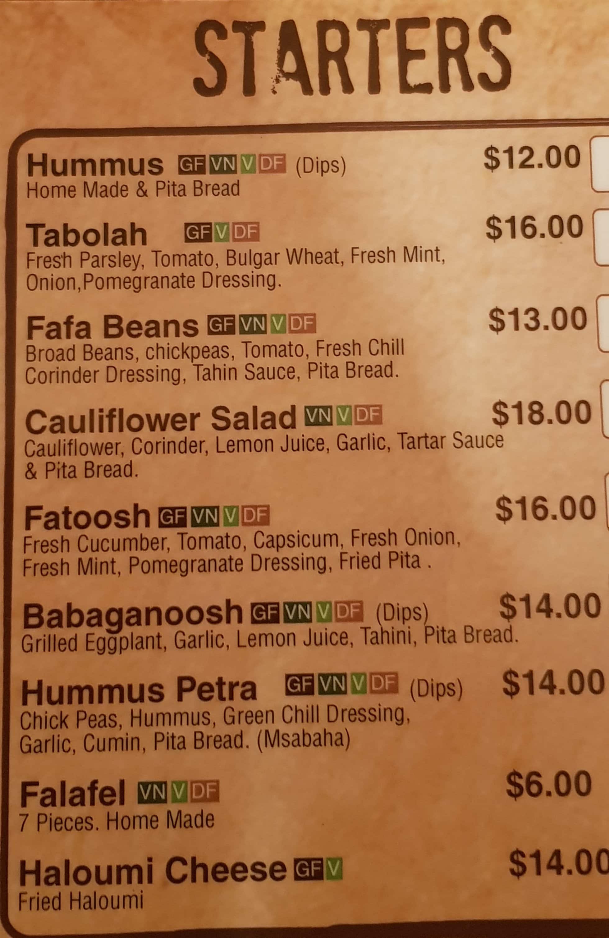 Menu at Petra Shawarma fast food, Auckland