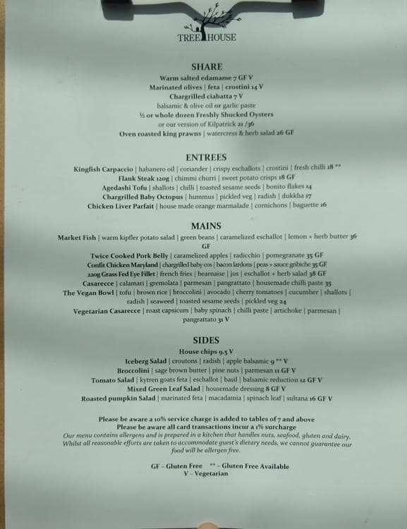 Menu at TreeHouse Hotel restaurant, North Sydney