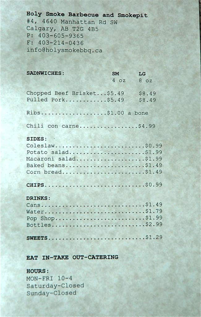 Menu at Holy Smoke BBQ, Calgary, Manhattan Rd SE #4