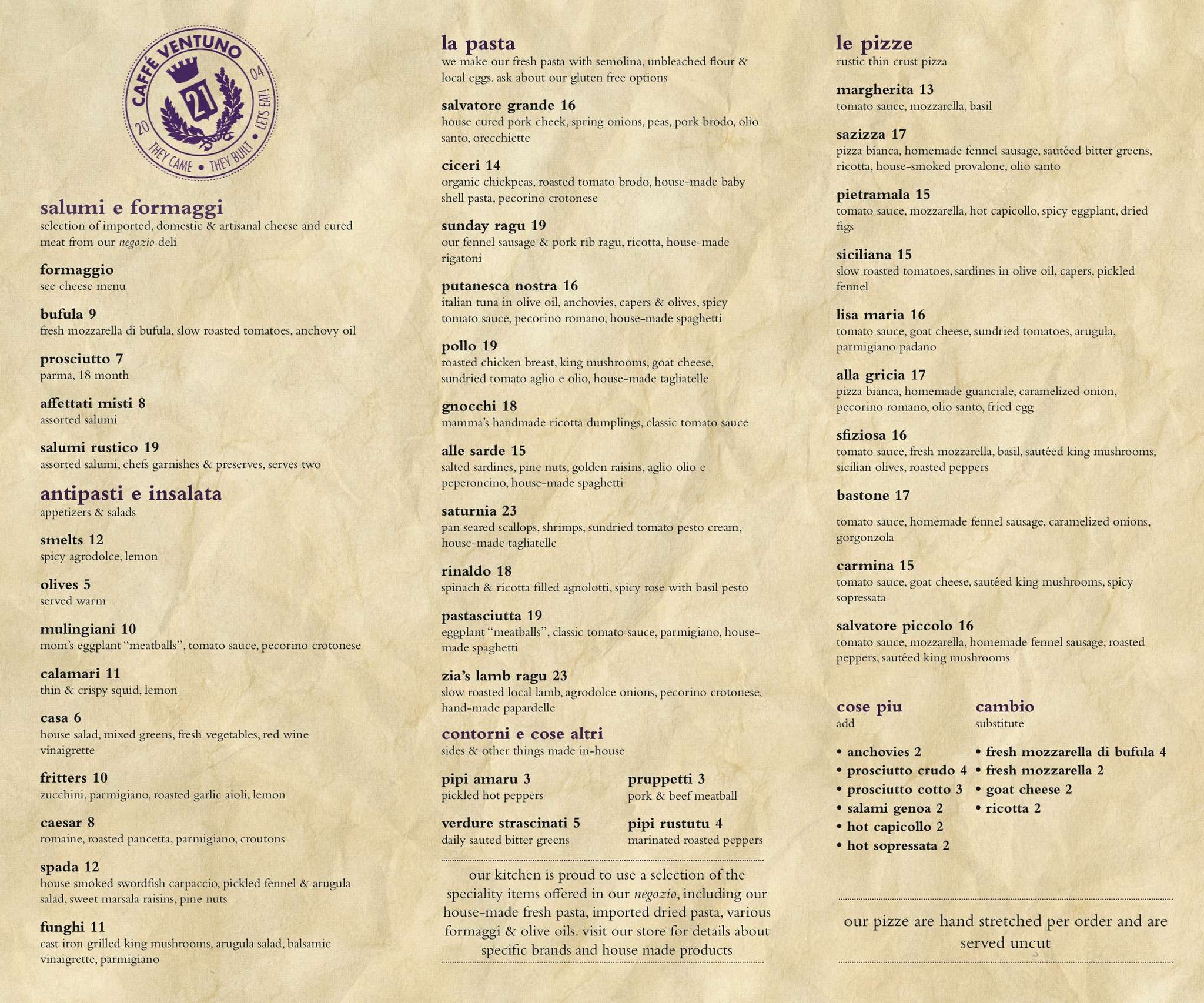 Menu at Caffe Ventuno restaurant, Ottawa
