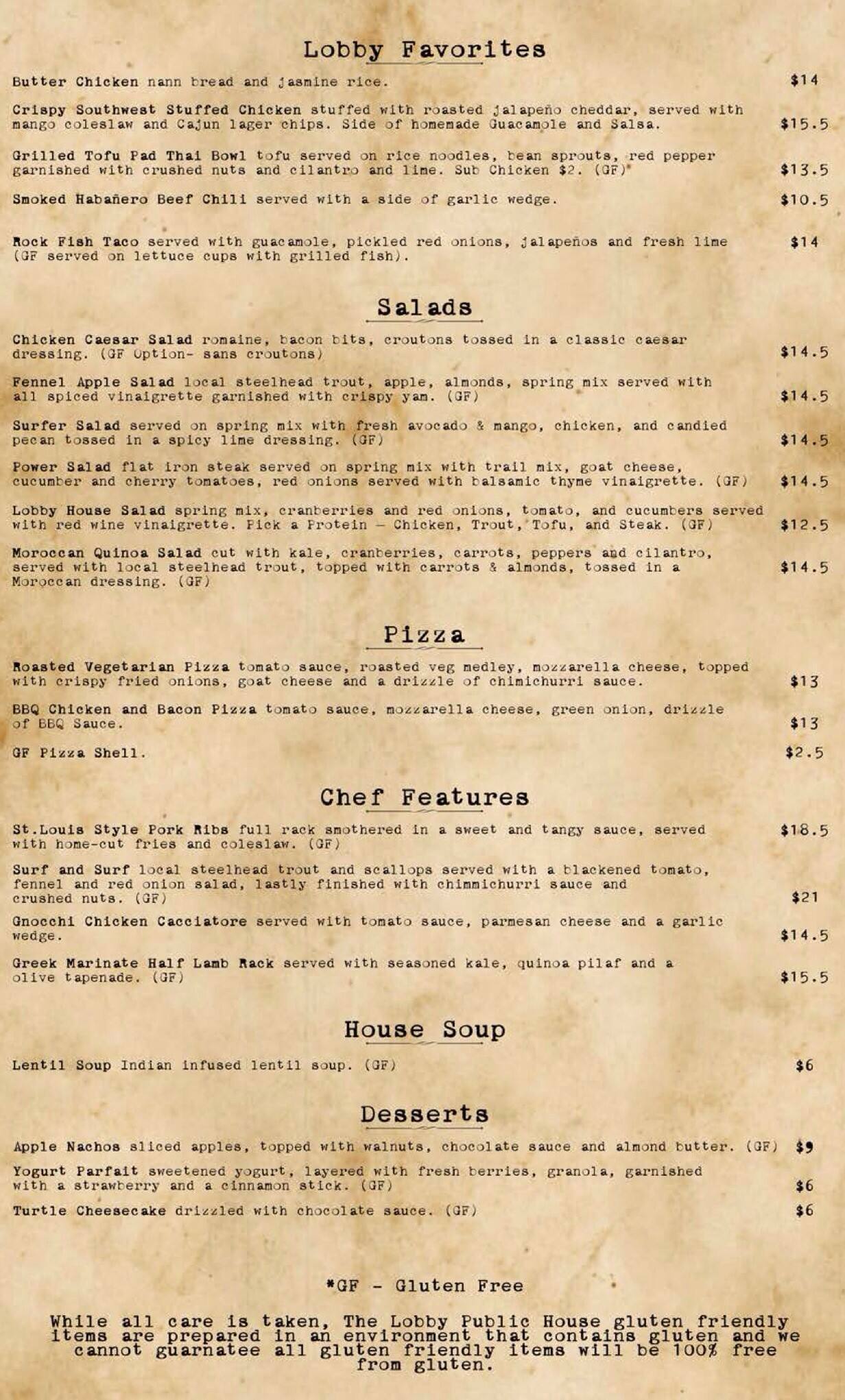 Menu at The Lobby Kitchen & Bar, Regina