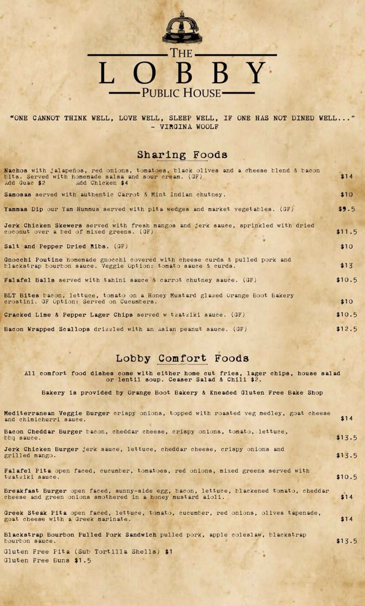 Menu at The Lobby Kitchen & Bar, Regina