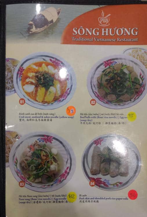 Menu at Song Huong restaurant, Riverwood