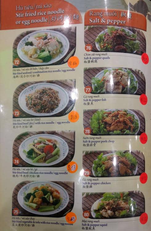 Menu at Song Huong restaurant, Riverwood