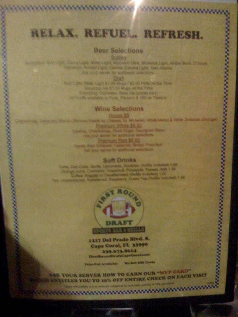 Menu at First Round Draft pub & bar, Cape Coral