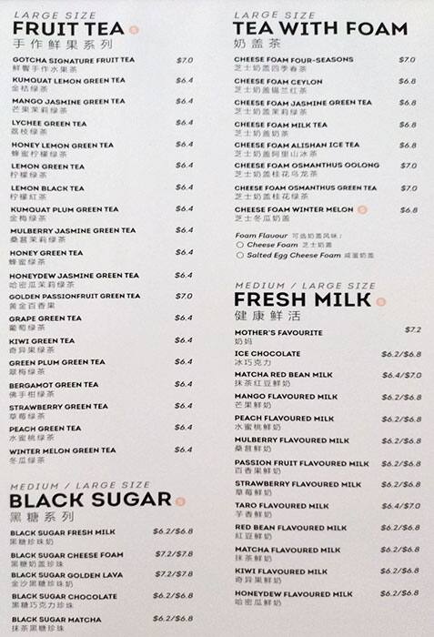 Menu at Gotcha Fresh Tea, Sydney