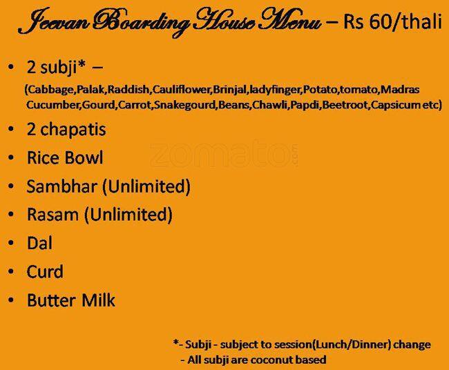 Jeevan Boarding House menu, Menu restauracji Jeevan Boarding House ...