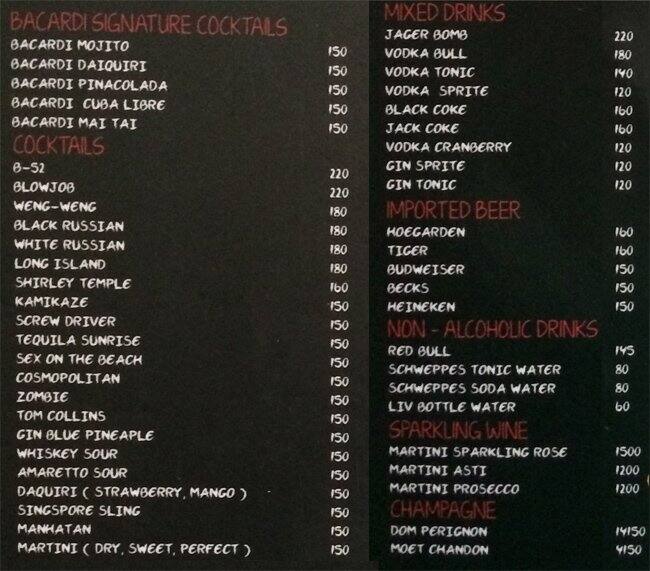 Menu at LIV Super Club, Cebu City, City Time Square