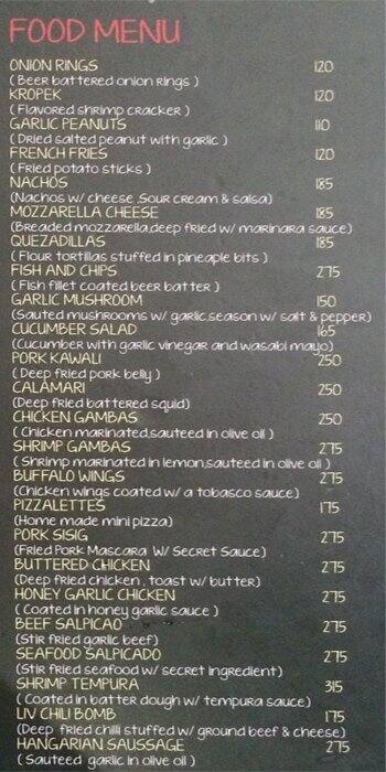 Menu at LIV Super Club, Cebu City, City Time Square