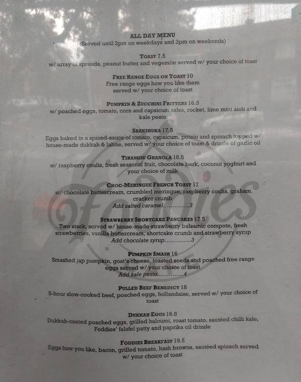 Menu at Foddies Cafe, Albert Park, 181 Victoria Ave