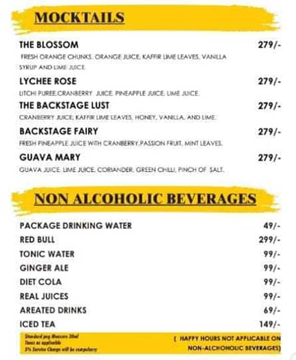 Menu of Backstage, Viman Nagar, Pune