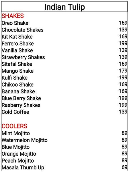 Menu of Indian Tulip, Borivali West, Mumbai