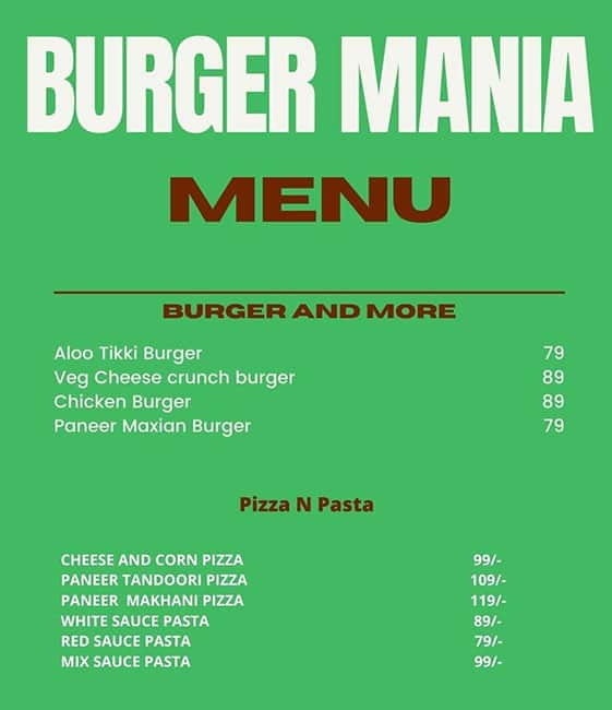Menu of Burger Mania, Sector 49, Gurgaon