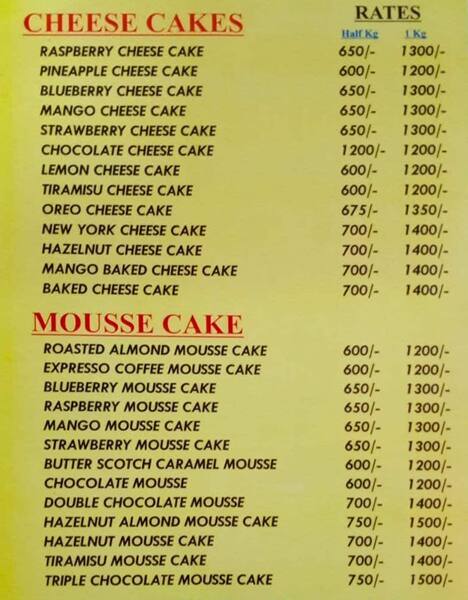 Menu of Bakers Sweets, Ulwe, Navi Mumbai