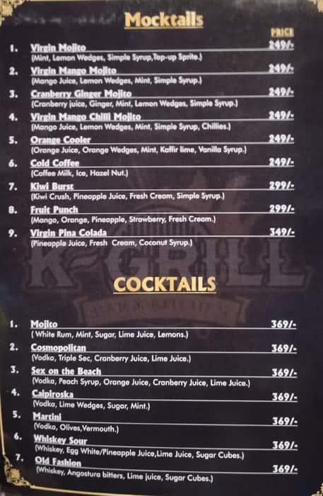 Menu of Kgrill Bar And Kitchen, Lingampally, Hyderabad