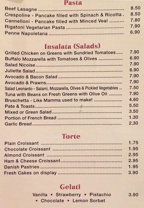 Menu at Villa Rosa cafe, London, 349 Upper Richmond Road West
