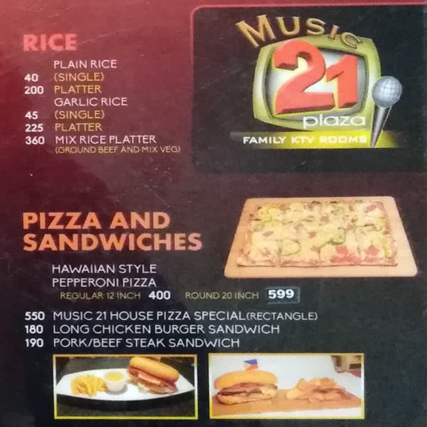 Menu at Music 21 Plaza restaurant, Pasay