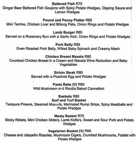 Menu at Pound & Penny pub & bar, Johannesburg