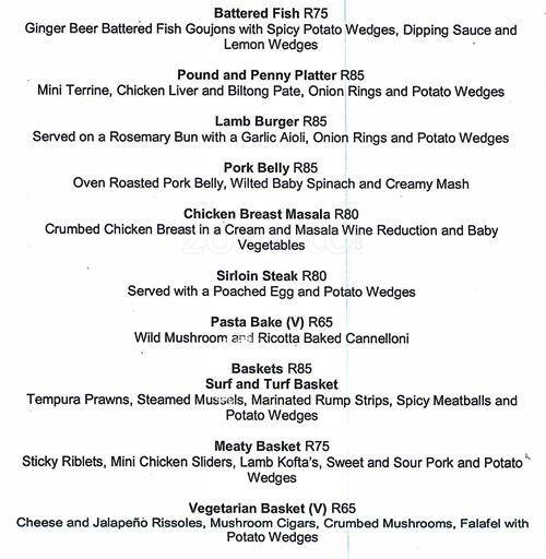 Menu at Pound & Penny pub & bar, Johannesburg