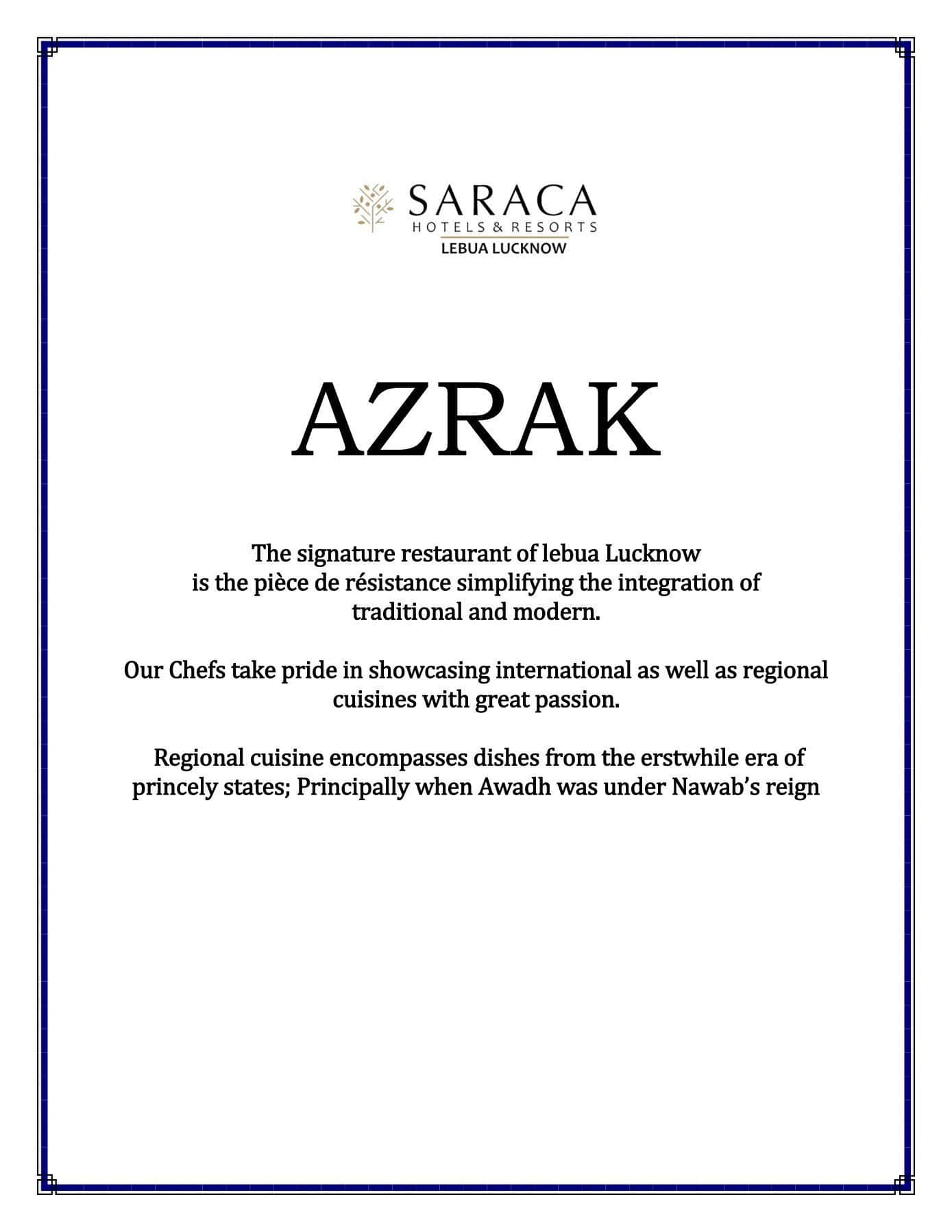 Menu of Azrak- Saraca Lucknow, Hazratganj, Lucknow