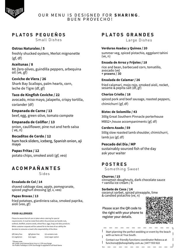 Menu at True South pub & bar, Black Rock, 298 Beach Rd