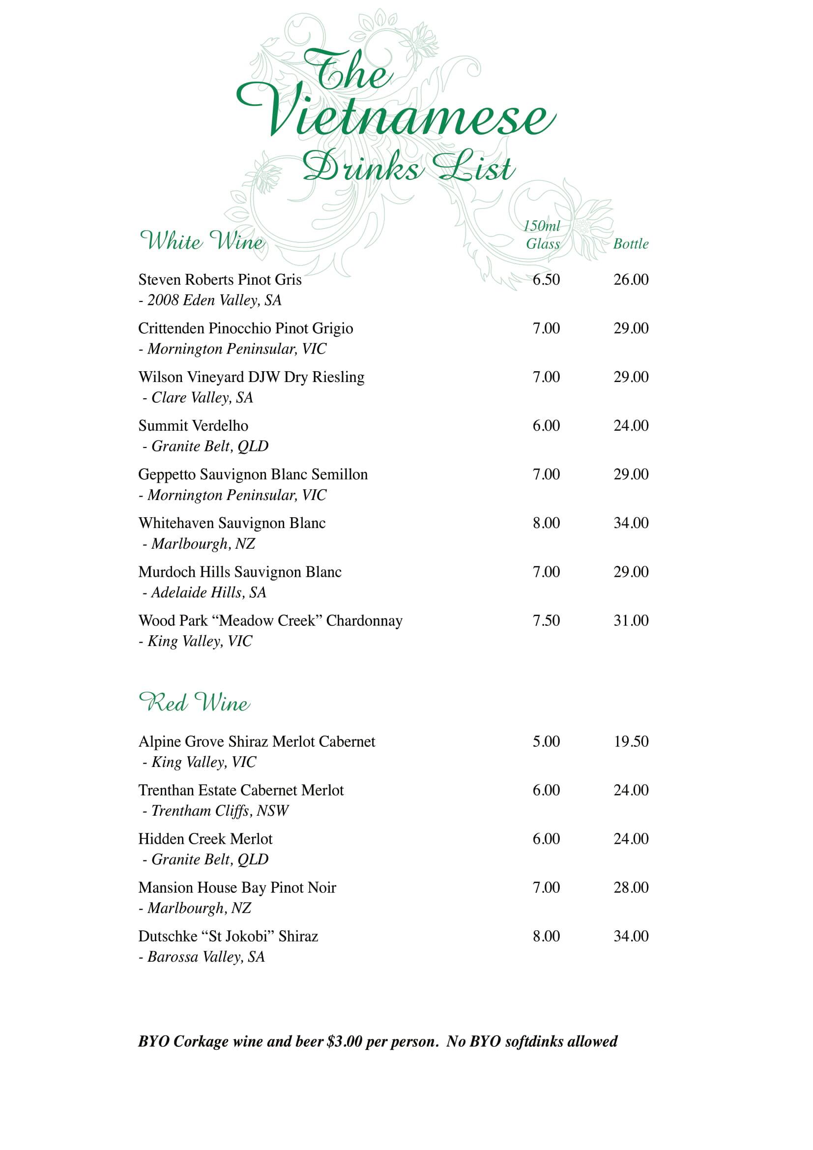 Menu at The Vietnamese Restaurant, Fortitude Valley