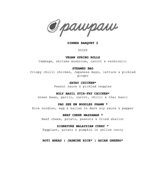 Menu at Pawpaw Cafe, Brisbane City
