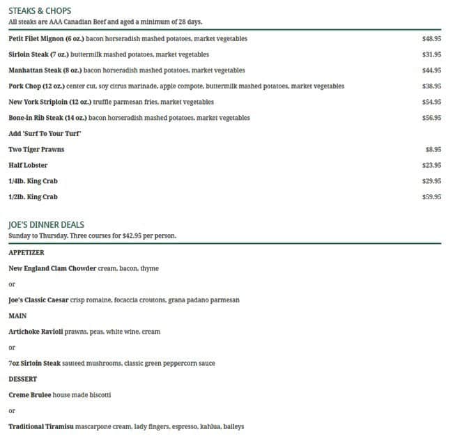 Menu at Joe Fortes Seafood & Chop House steakhouse, Vancouver, 777 ...