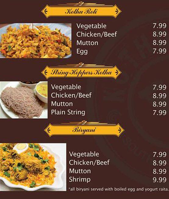 Menu at Kothu Rotti Restaurant, Ottawa