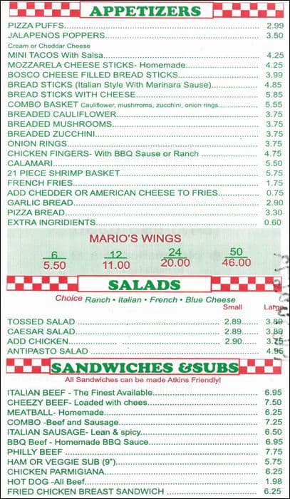 Menu at Mario's Pizza pizzeria, Schaumburg