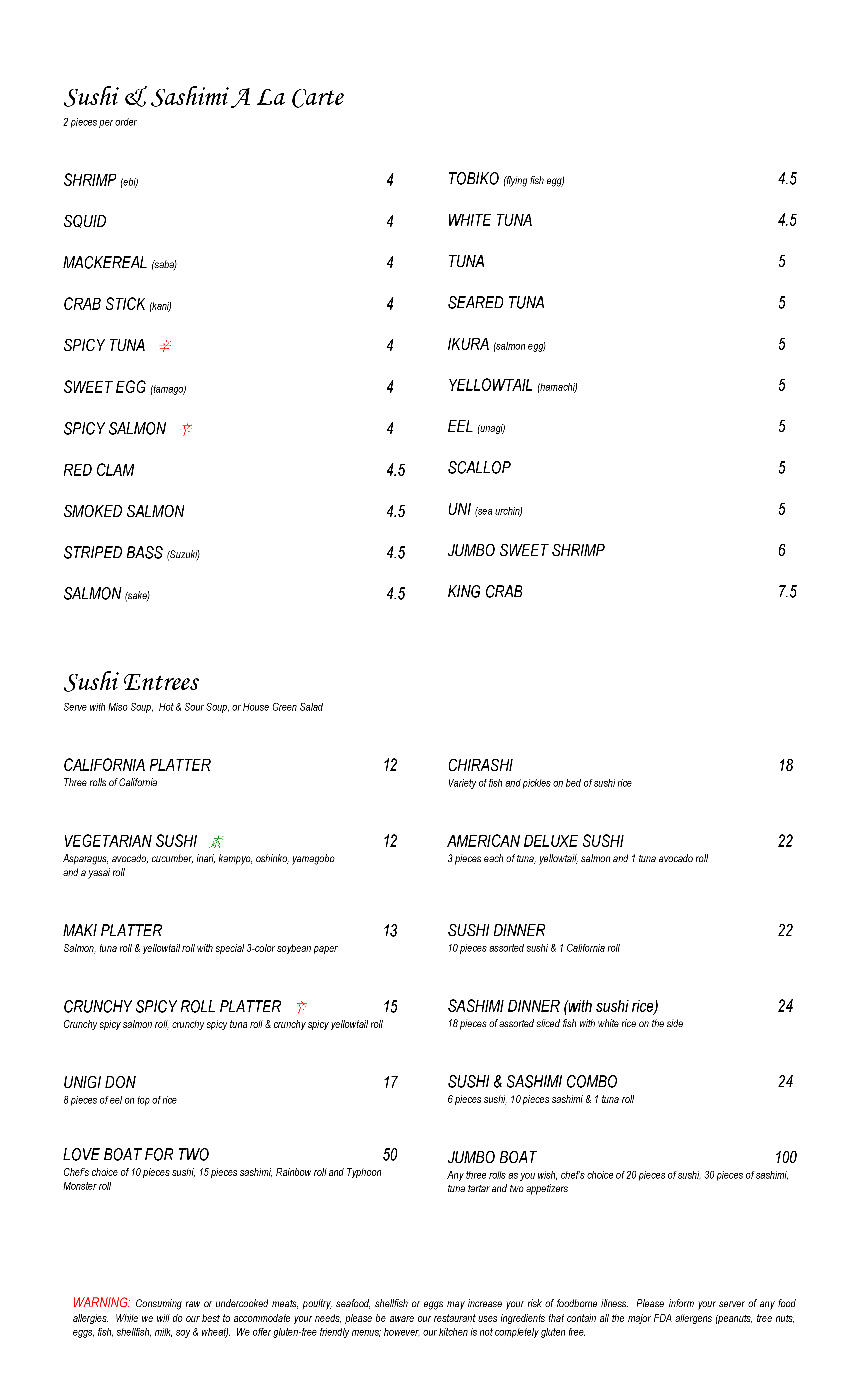 Menu at Typhoon Asian Fusion Bistro restaurant, Delaware