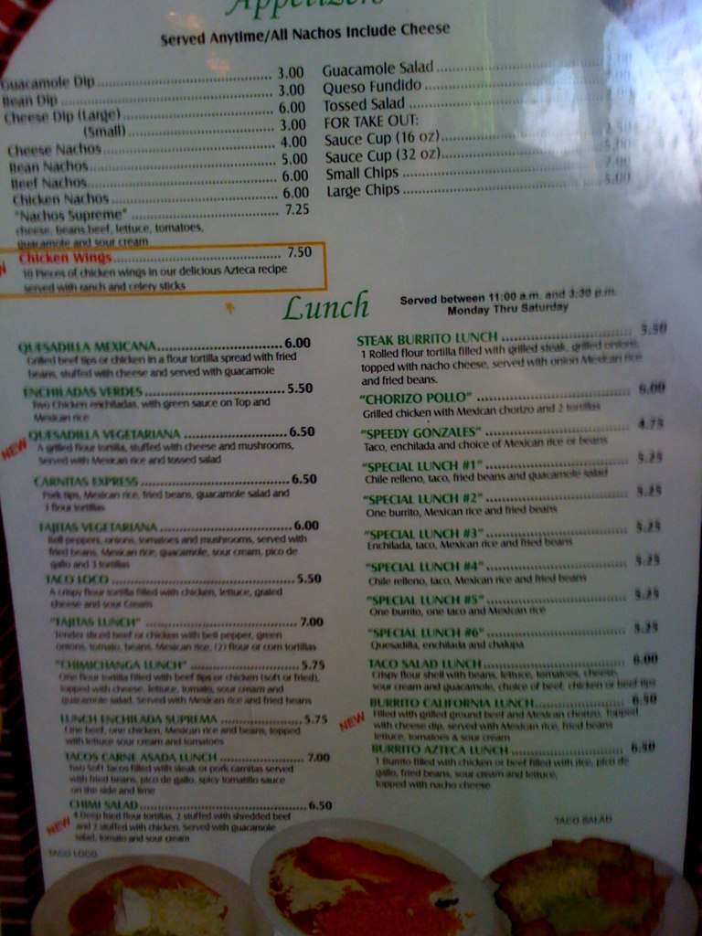 Menu at Azteca steakhouse, Davenport