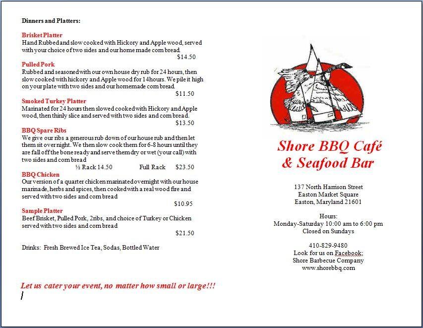Menu at Shore Barbecue Company, Easton