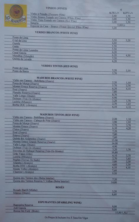 Menu em O Barril, Leça da Palmeira, R. Óscar da Silva 1202